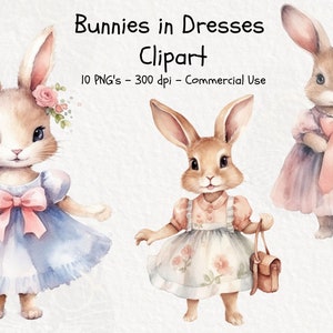 Cute Bunny in Dress Clipart, Printable Watercolor Clipart, 10 High ...