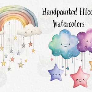 Dreamy Rainbow Clouds With Stars Clipart, Nursery Mobile Clipart ...