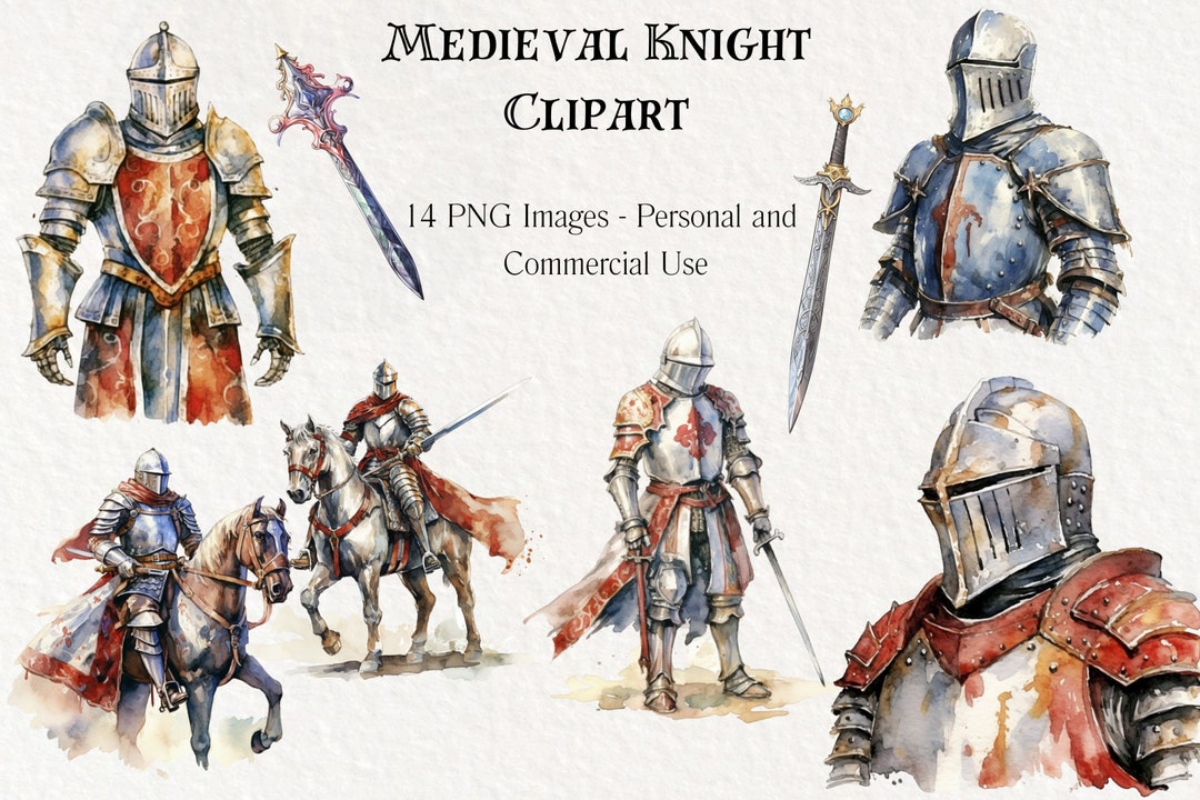 SET of 14 PNG Watercolor Medieval Knight Clipart, Knights on Horse ...