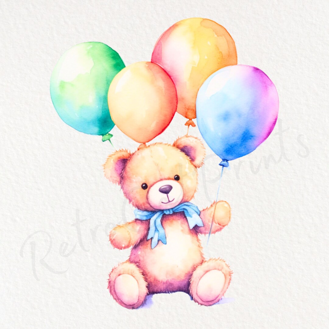 10 Teddy Bears and Balloons Watercolor Clipart PNG Baby Shower Clipart ...