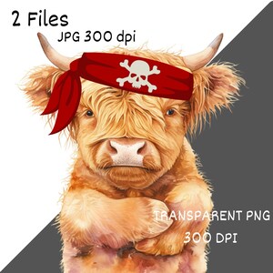 Funny Pirate Cow Watercolor Clipart, Cute Highland Cow, Funny Baby Cow ...