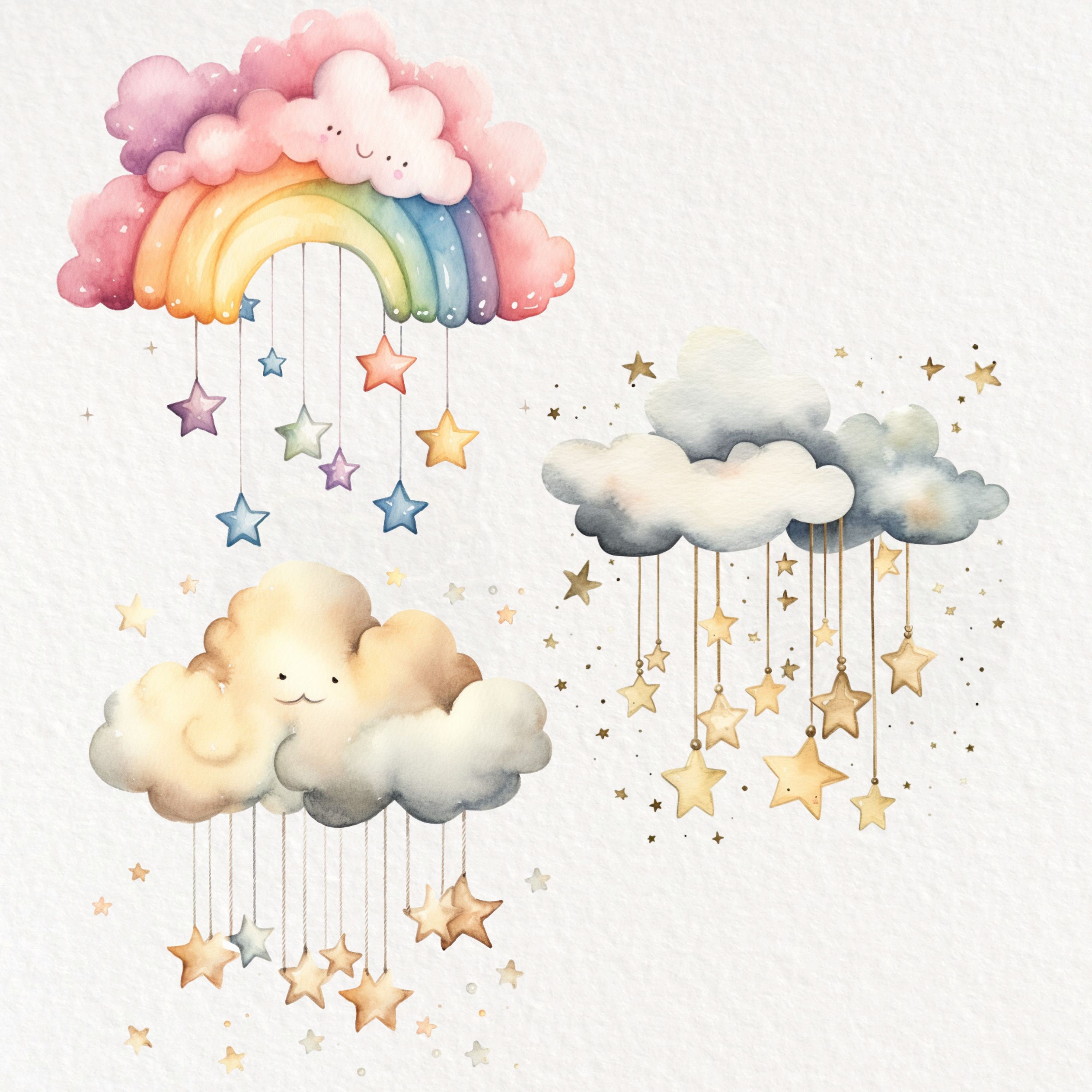 Watercolor Rainbow Cloud Stars Clipart, Nursery Art (digital Download ...