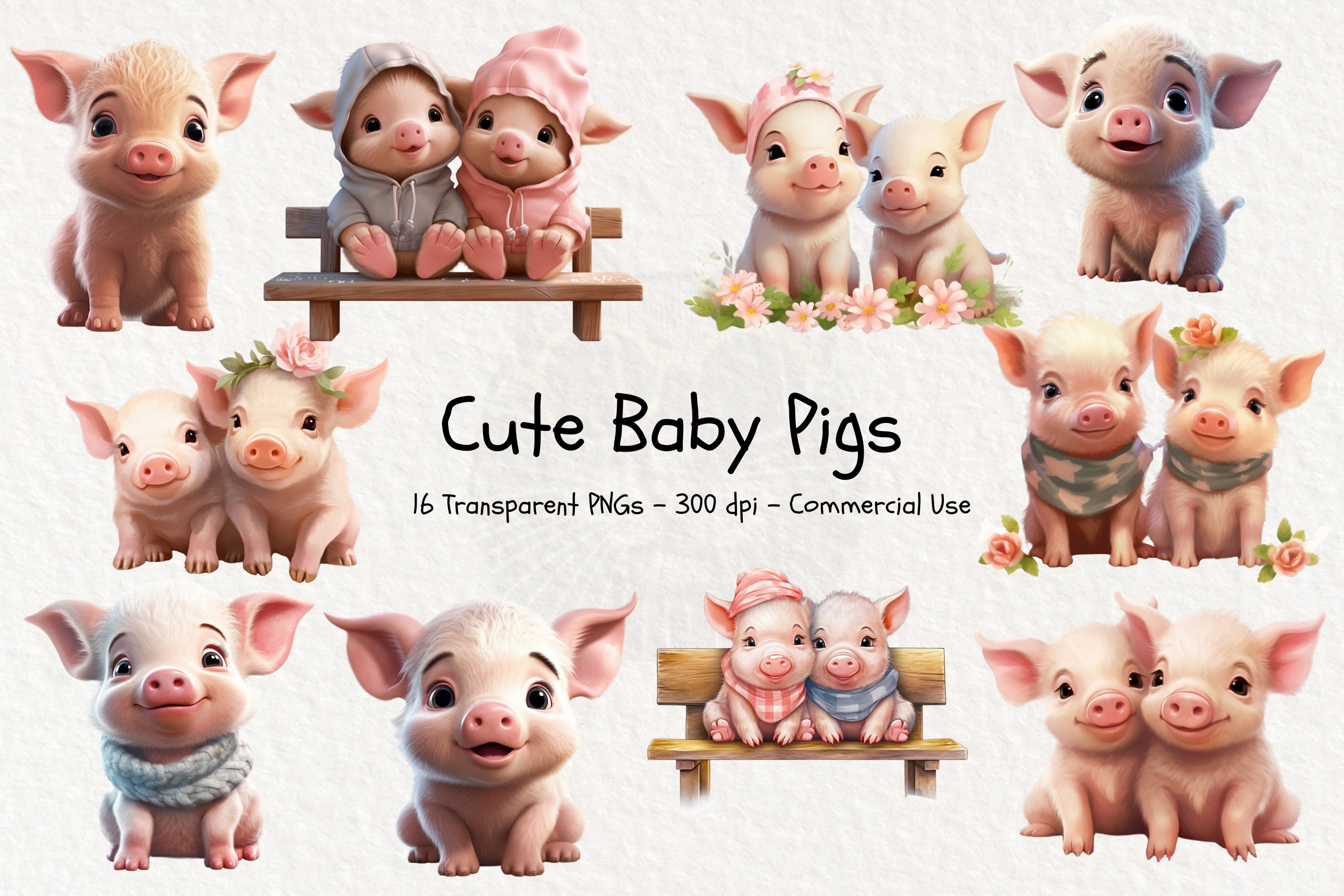 Adorable Pig Clipart Bundle - 16 Transparent Pngs of Cute Piglets ...