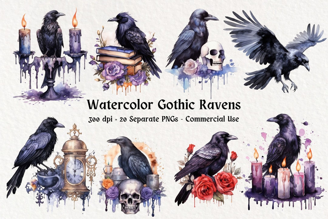 Watercolor Gothic Ravens Clipart - Dark Fantasy Watercolor Witch PNG ...