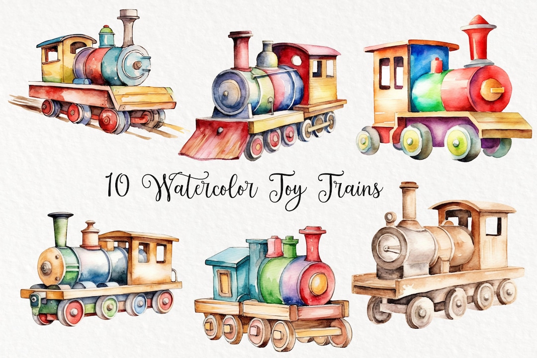 10 Watercolor Toy Train Clipart, Toy Train PNG, Nursery Train Clipart ...
