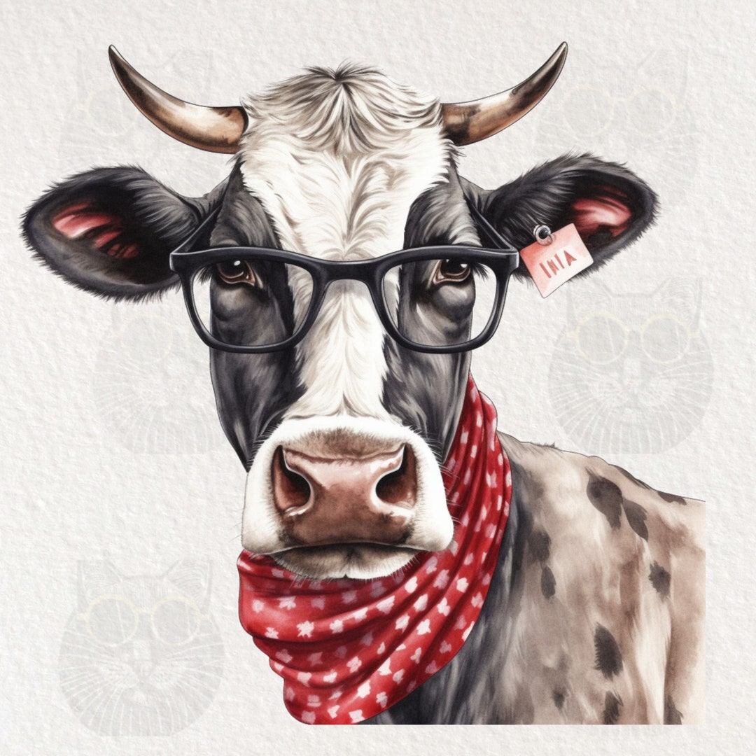 Dairy Cow With Glasses Watercolor Clipart, Commercial Use, Farm Cow ...