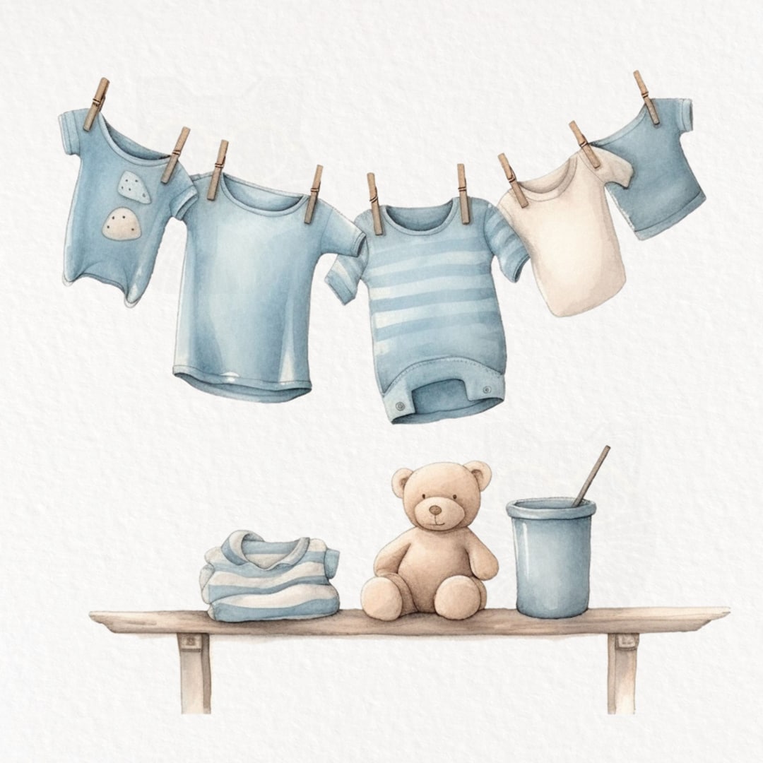 Handdrawn Baby Clothes Watercolor Clipart, Newborn Boy Clip Art, Baby ...