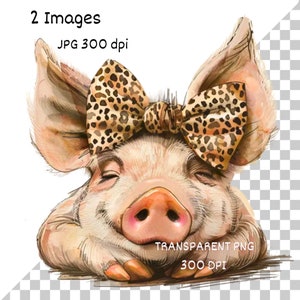 Farm Pig Watercolor Clipart, Cute Farm Pig Leopard Bow, Pig PNG ...