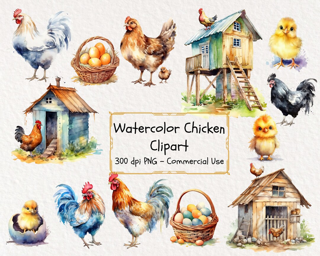 20 Watercolor Chicken Clipart SET, Farm Animals Clipart, Hen Clipart ...
