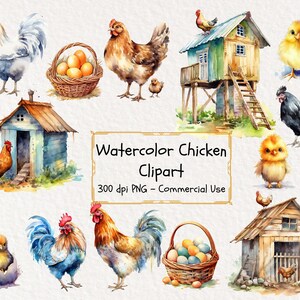 20 Watercolor Chicken Clipart SET, Farm Animals Clipart, Hen Clipart ...