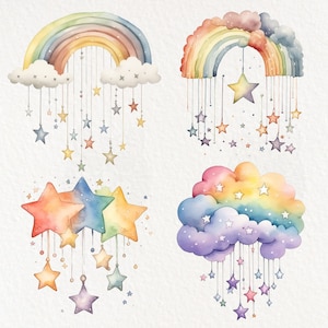 Dreamy Rainbow Clouds With Stars Clipart, Nursery Mobile Clipart ...