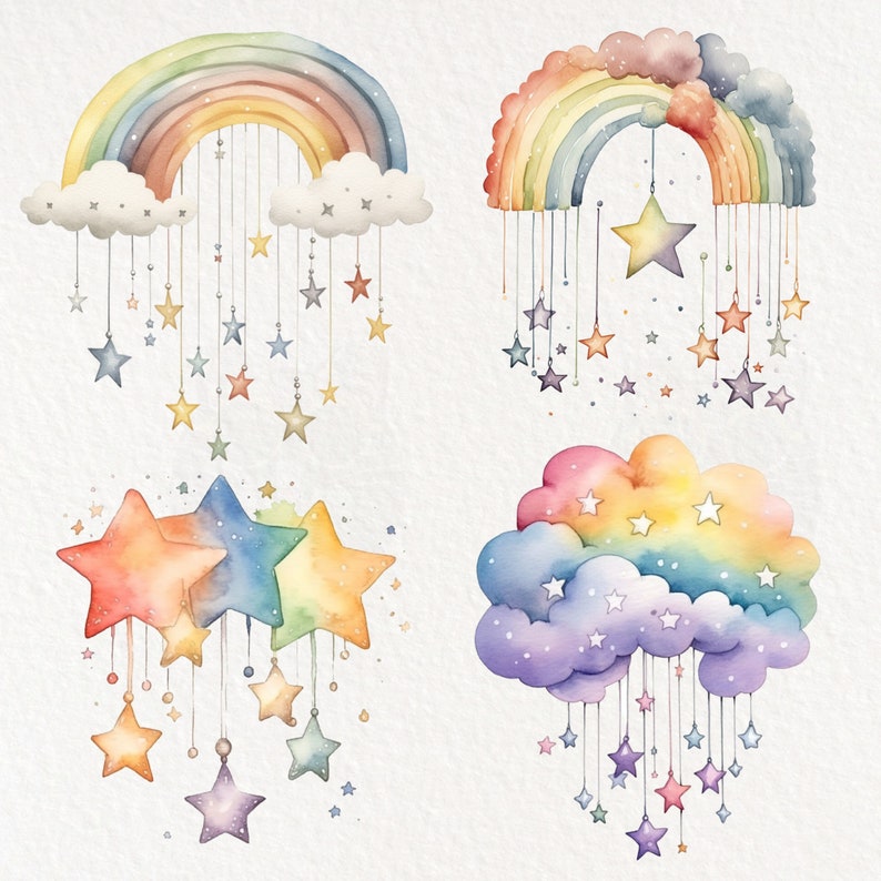 Watercolor Rainbow Cloud Stars Clipart, Nursery Art (digital Download ...