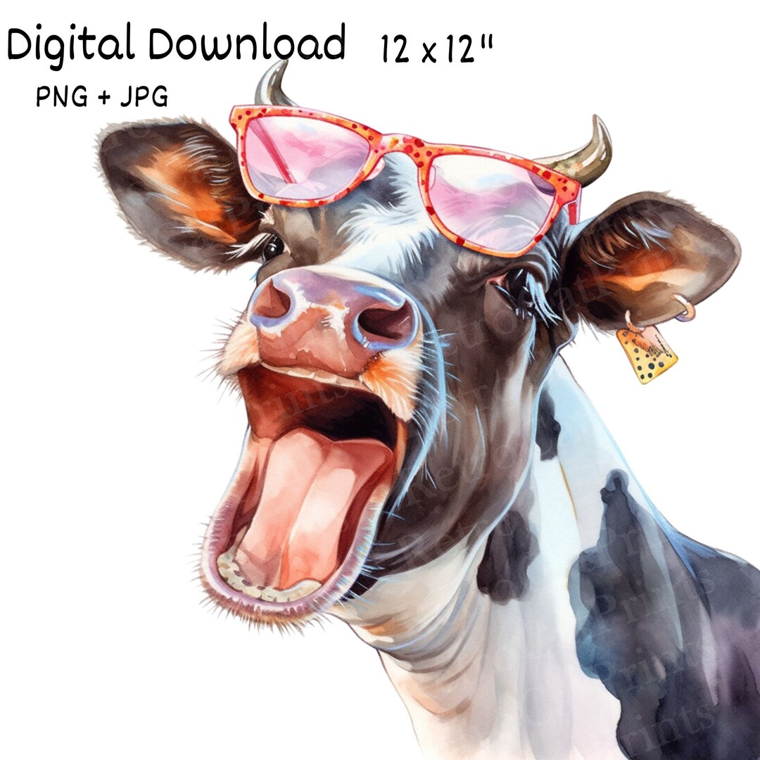 Cow With Glasses Sublimation Design, Funny Cow Commercial Use, Farm Cow ...