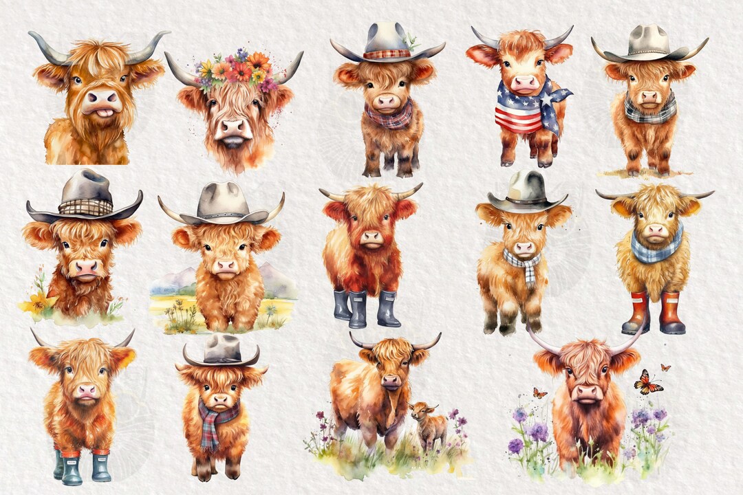 Ultimate Highland Cow Watercolor Clipart Bundle 64 Separate Transparent ...