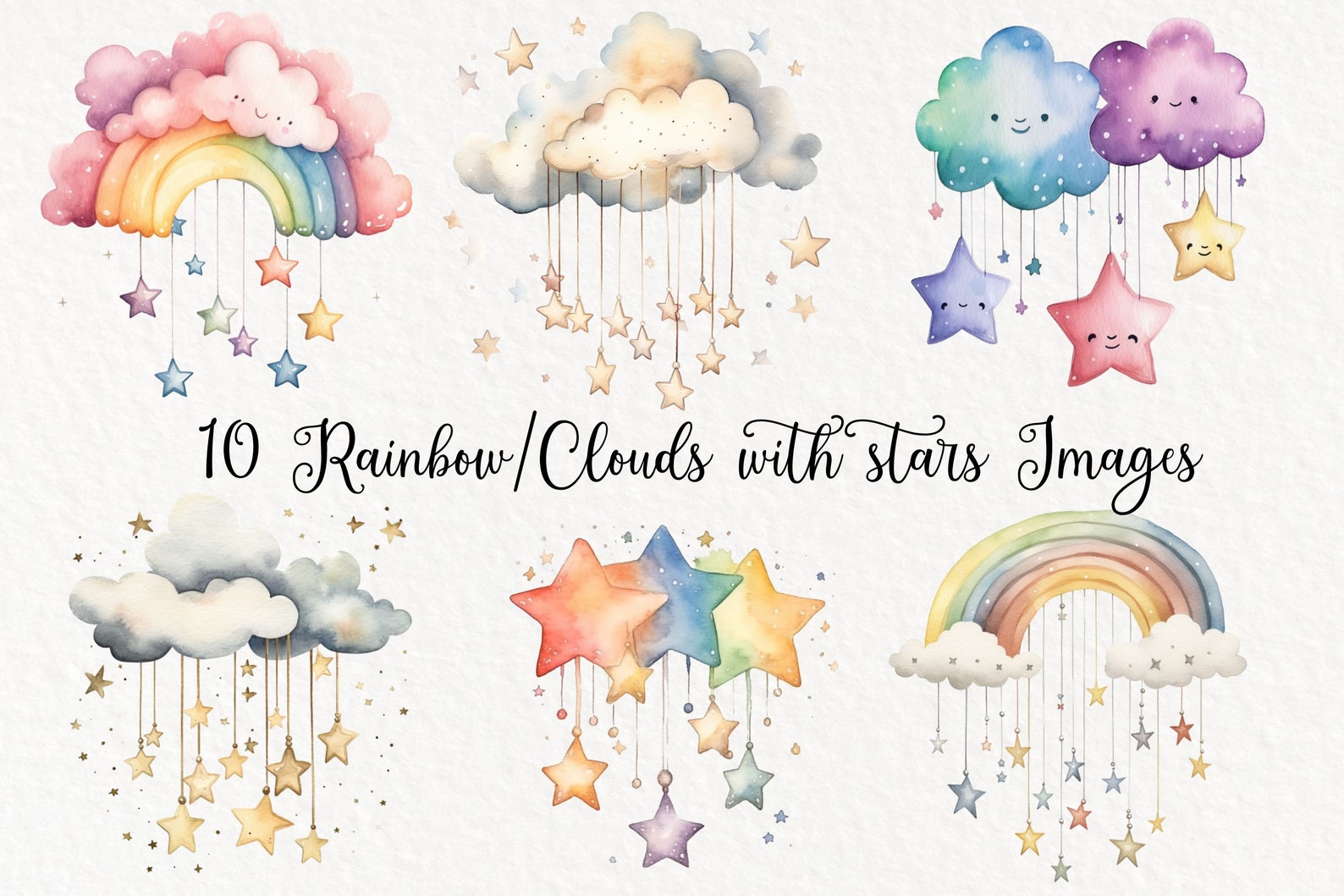 Watercolor Rainbow Cloud Stars Clipart, Nursery Art (digital Download ...