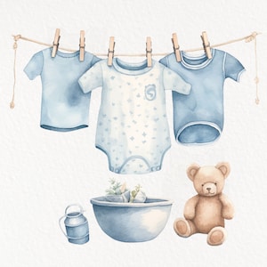 Handdrawn Baby Clothes Watercolor Clipart, Newborn Boy Clip Art, Baby ...