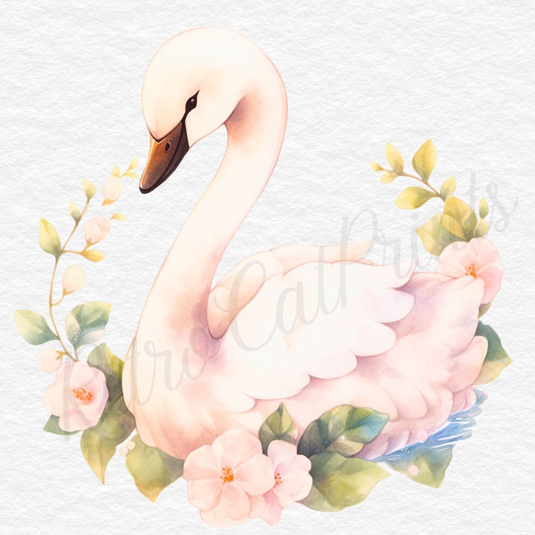Watercolor Swan Pink Swan Graphics Swan With Flowers PNG Clip Art Hand ...