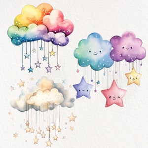 Dreamy Rainbow Clouds With Stars Clipart, Nursery Mobile Clipart ...