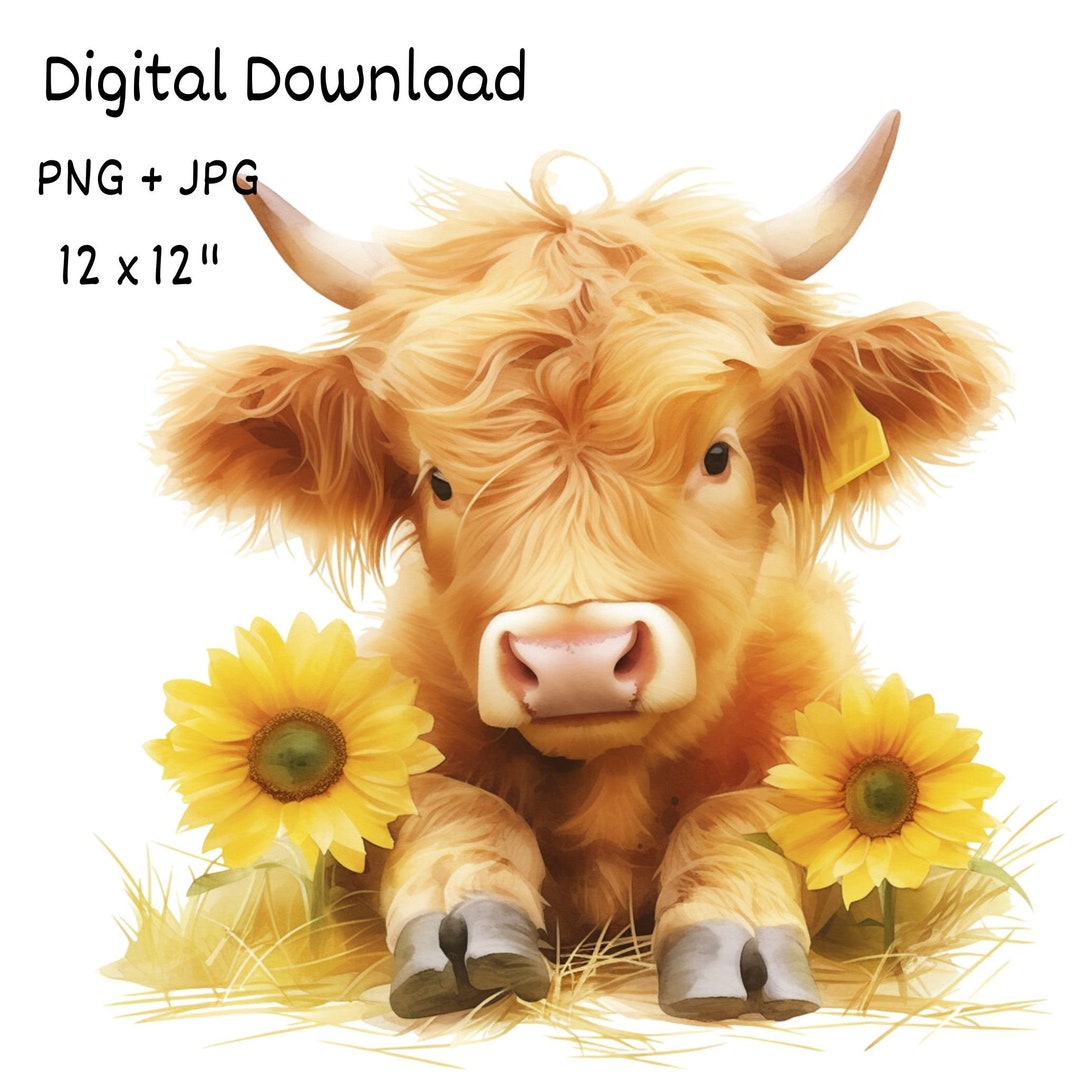 Niedliche Highland Kuh Aquarell Clipart, Highland Kuh mit Sonnenblumen ... Niedliche Highland Kuh Aquarell Clipart, Highland Kuh mit Sonnenblumen ...