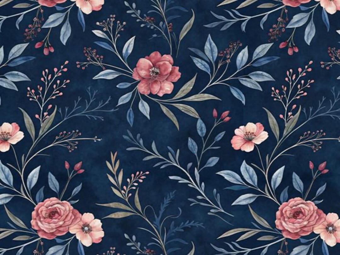 1/6 1/12 1/24 Dollhouse Pink Rose & Blue Leaf Pattern Floral on Navy ...