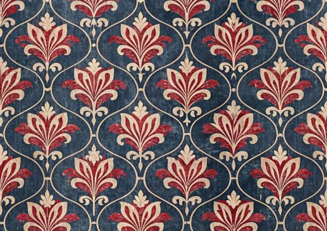 1/6 1/12 1/24 Dollhouse Vintage Navy Blue & Red Damask Wallpapers ...