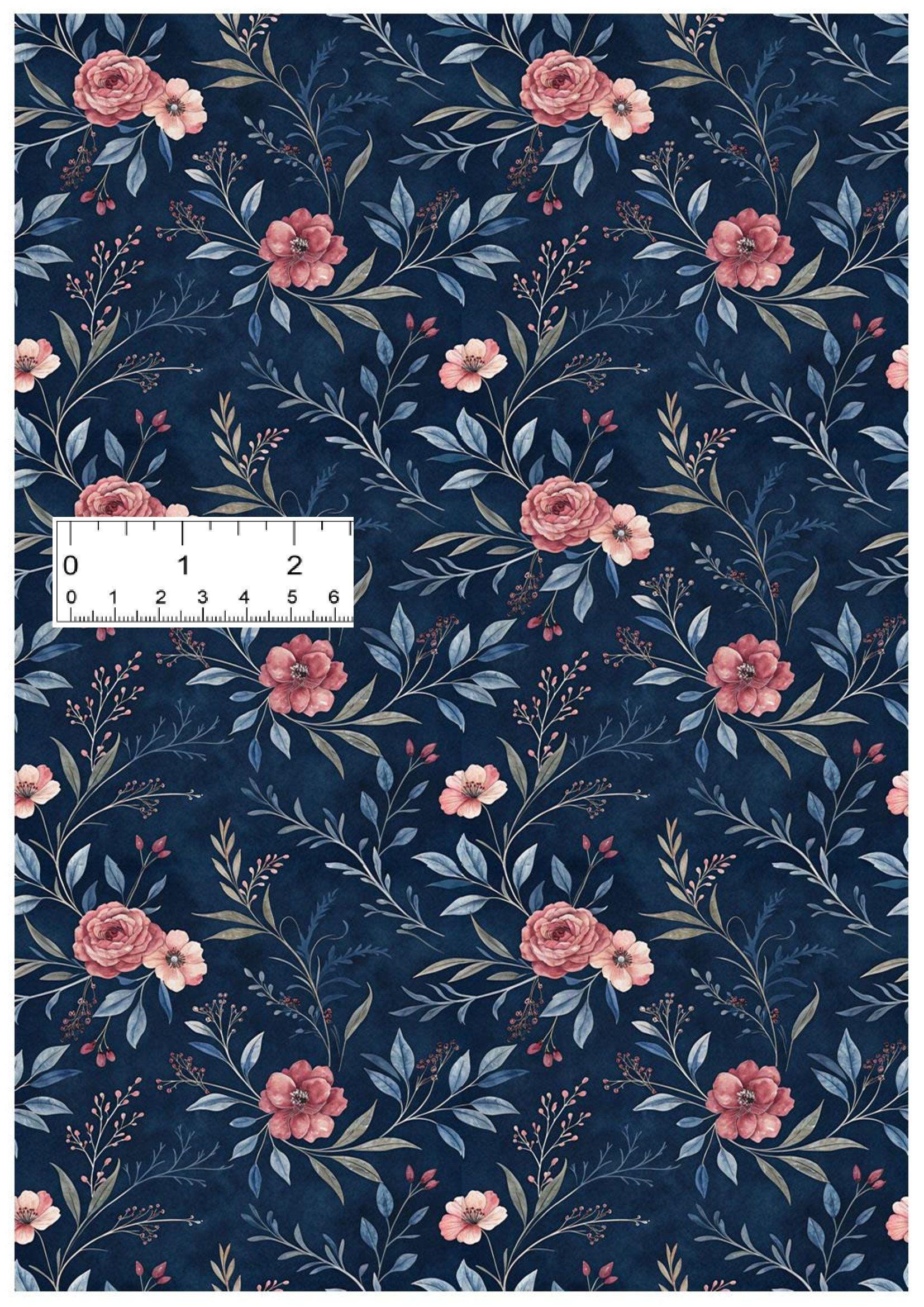 1/6 1/12 1/24 Dollhouse Pink Rose & Blue Leaf Pattern Floral on Navy ...