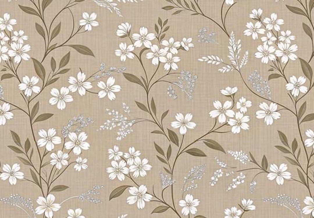1/6 1/12 Dollhouse Vintage Floral Pattern With White Blossoms on Beige ...