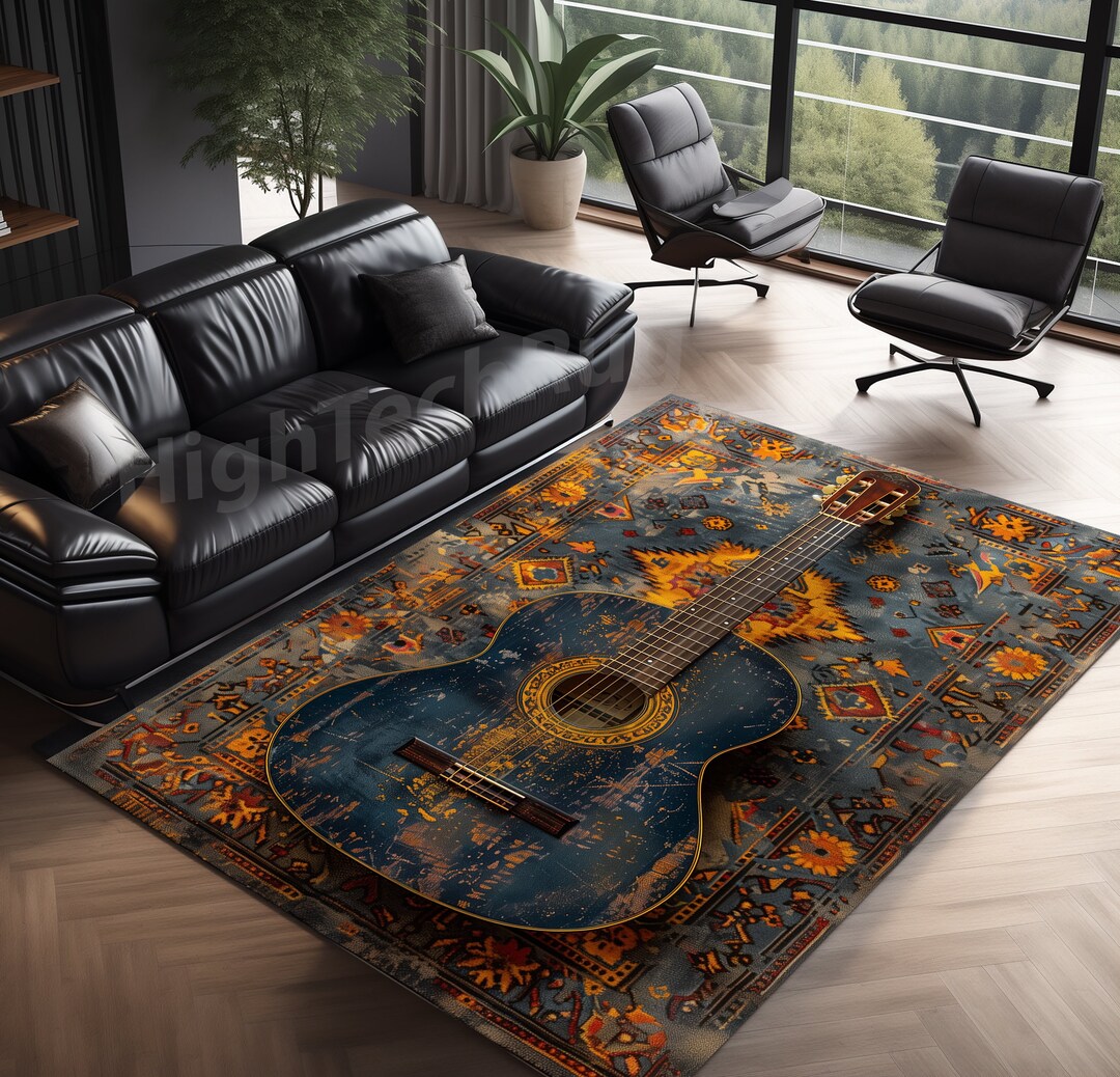 Guitar in Flower Garden Rug, Traditional Guitar Rug, Rustic Guitar Rug ...