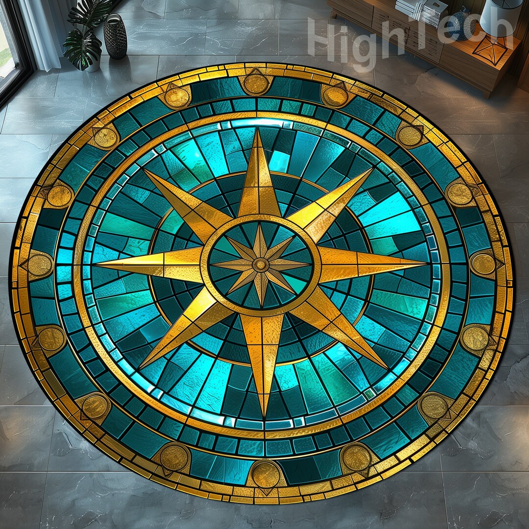 Compass Rug, Stained Glass Art Compass Rug, Compass Round Rug, Round ...