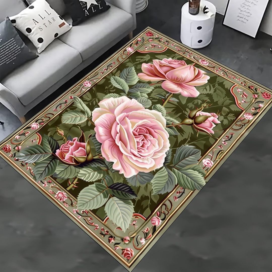 Traditional Style Rose Rug, Rose Rug, Pink Roses Rug, Living Room Rug ...