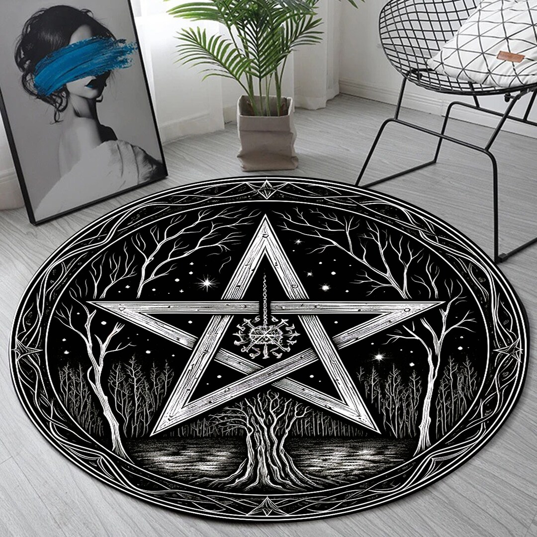 Tree of Life Pentagram Rug, Black and White Pentagram Rug, Tarot Rug ...