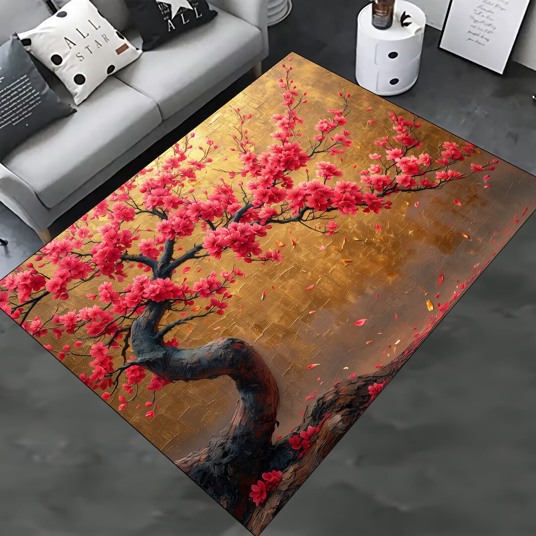 Sakura Tree Art Rug, Magenta and Gold Sakura Rug, Modern Cherry Blossom ...