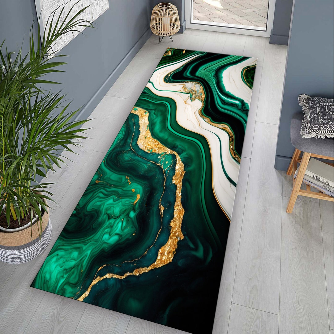 Green Marble Hallway Rug, Marble Runner, Green Gold Marble Rug, Marble ...