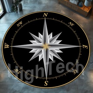 Compass Rug, Modern Compass Rug, Compass Round Rug, Gold Black and Gray ...