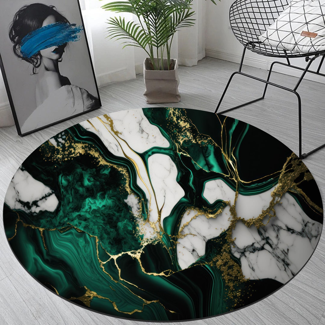 Green Marble Texture Round Rug, Green White Marble Round Rug, Emerald ...