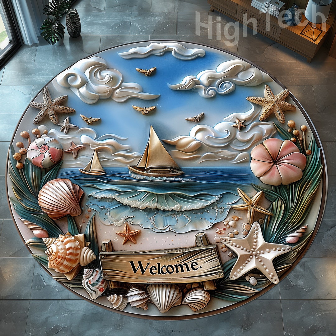 Welcome Round Rug, Sea View Rug, Sea Coast Round Rug, Beach Rug, Shell ...