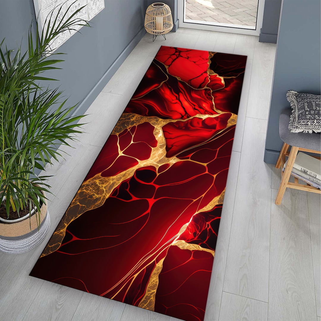 Red Marble Runner Rug, Red Marble Hallway Rug, Red and Gold Marble Rug ...