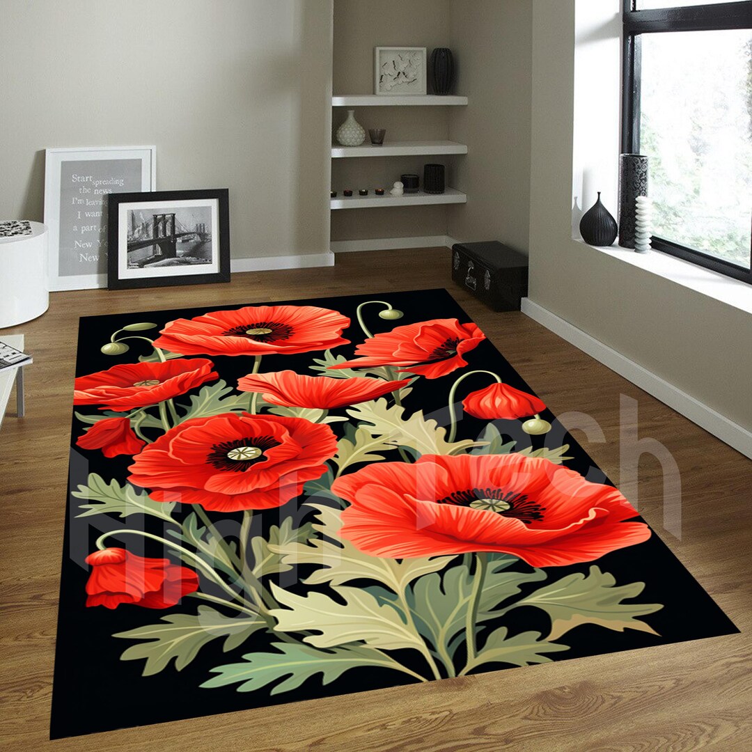 Aesthetic Botanic Flower Rug, Red Poppy Rug, Floral Poppies Rug, Nature ...