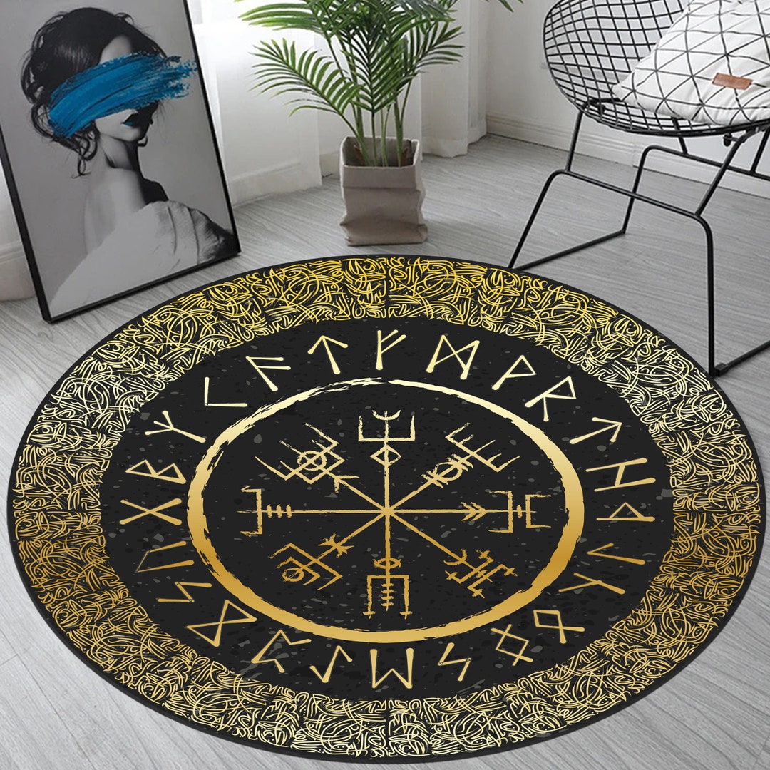 Dark Gold Viking Round Rug, Runic Symbol Rug, Scandinavian Circle ...