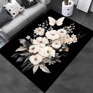 Black and White Flower Rug, Watercolors Flower Rug, Minimalist White ...