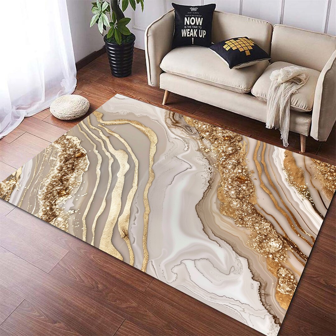 Gold Marble Rug, Cream Color Marble Rug, Cream Gold Marble Rug, Golden ...