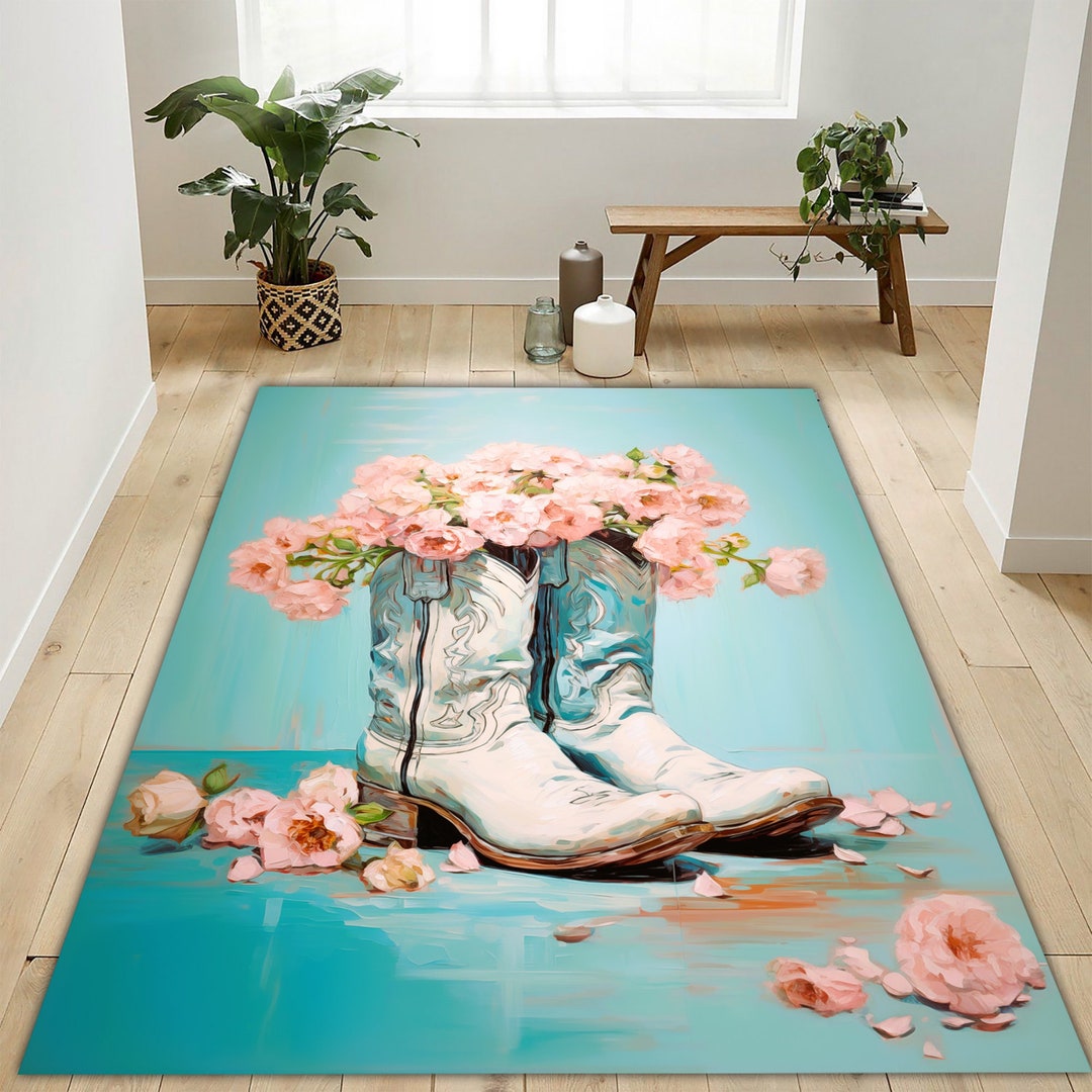 Pink Floral Blue Cowgirl Boots Rug Cowgirl Boots Rug Cowgirl - Etsy