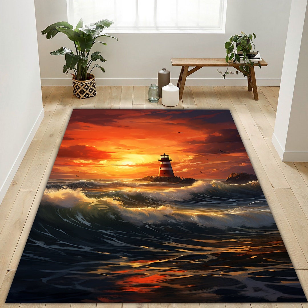 Lighthouse Rug, Light House Illustration Rug, Lighthouse Storm Rug, Red ...