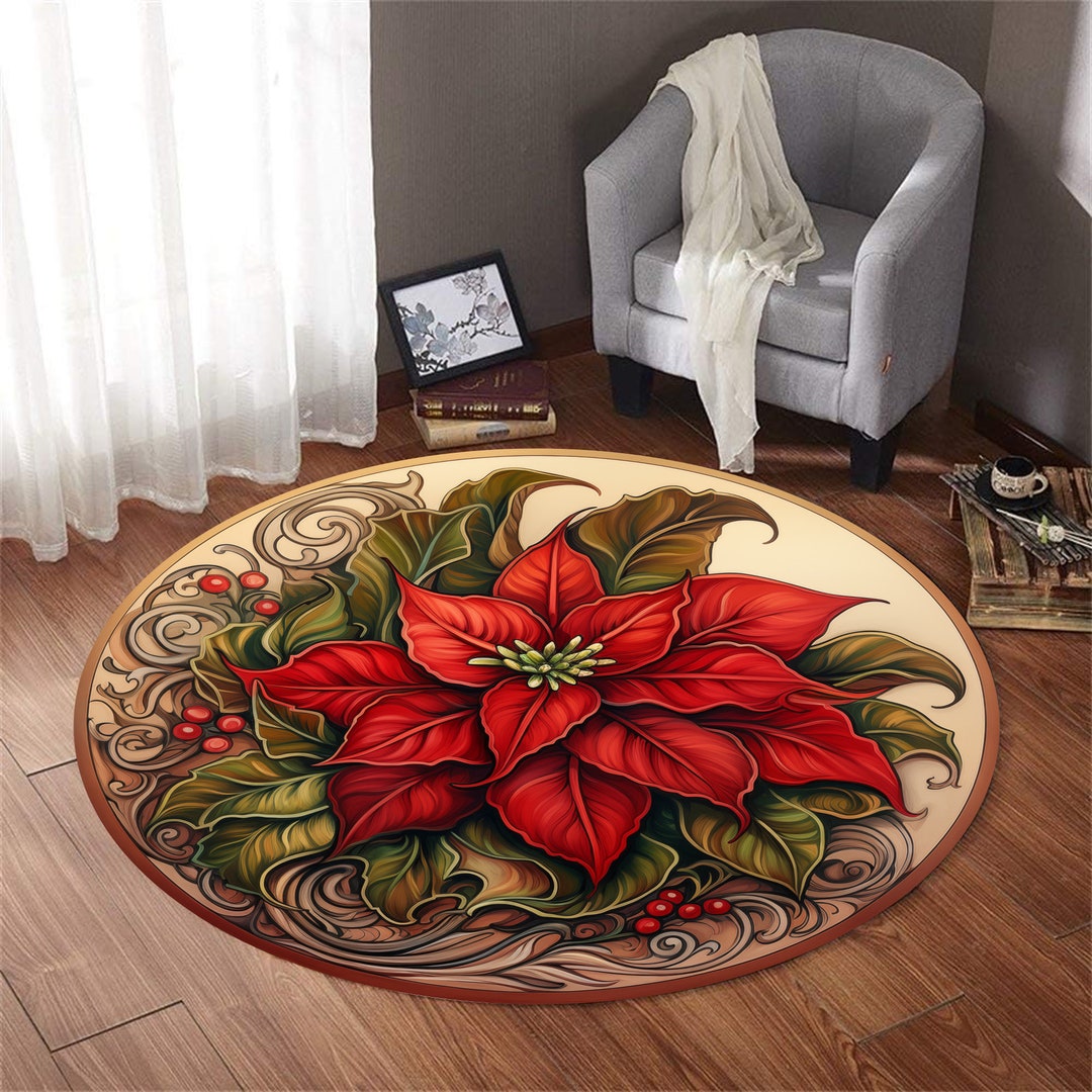 Poinsettia Rug, Decoration Rug, Poinsettia Round Rug, Flower Rug, Round ...