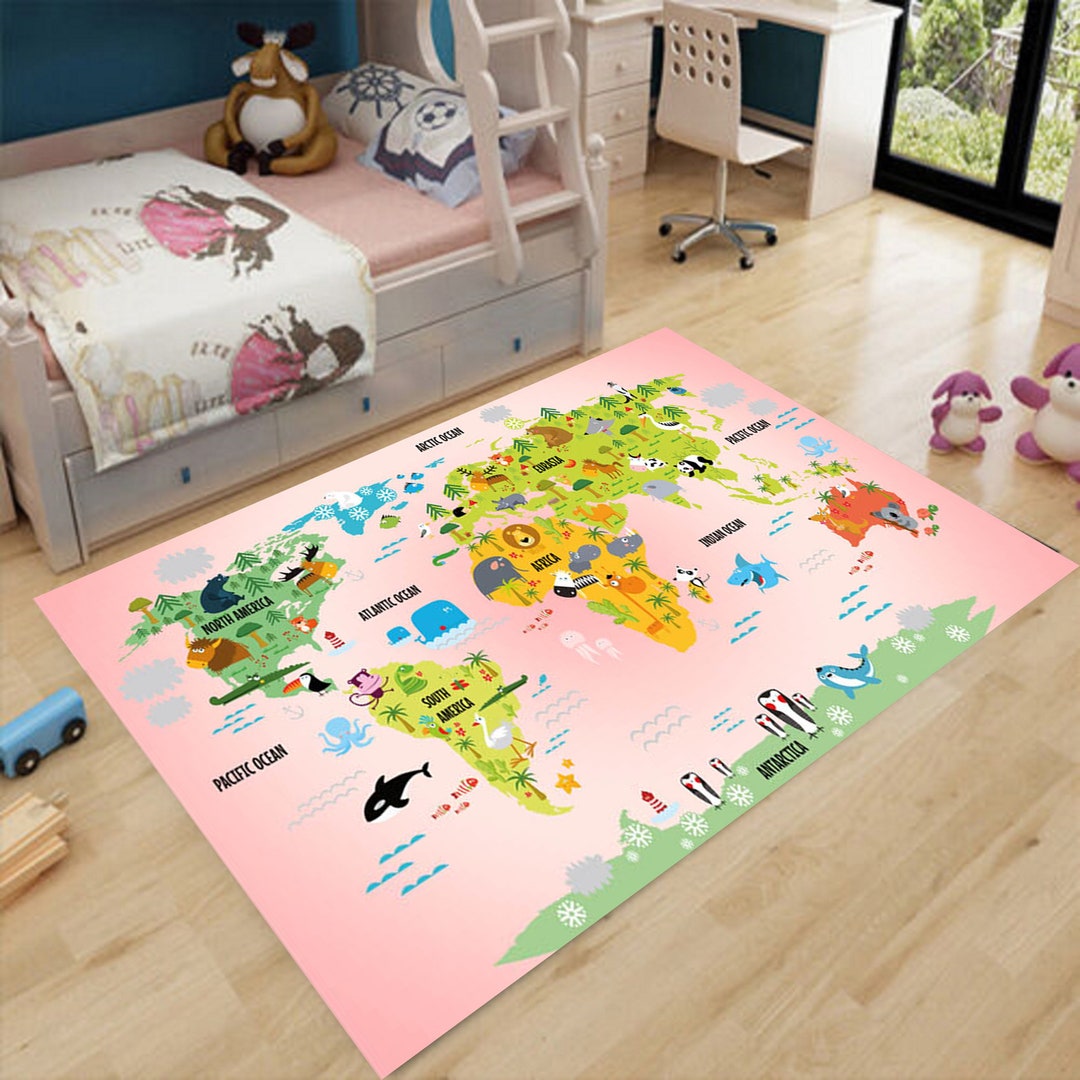 Cartoon World Map Rug, World Map Rug, World Kids Map Rug, Kids Room ...
