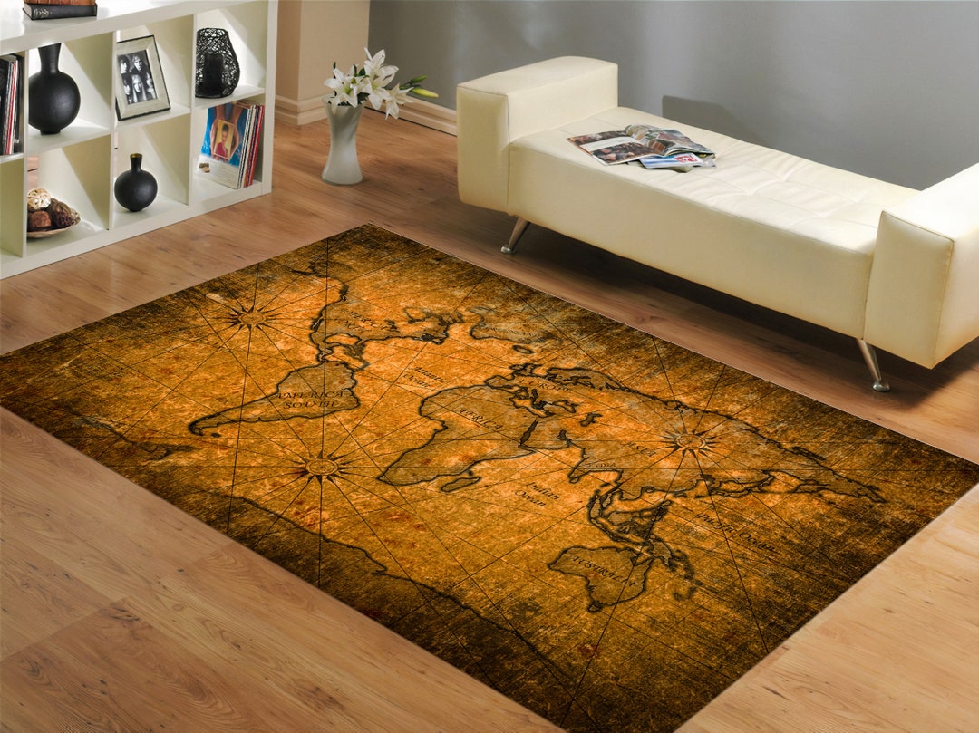 Old World Map Rug, Vintage Look Map Rug, Ancient Map Rug, Retro World ...