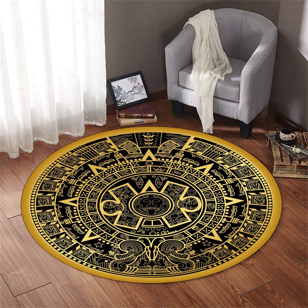 Round Ancient Mayan Symbols Rug, Ancient American Indians Tribal Rug ...