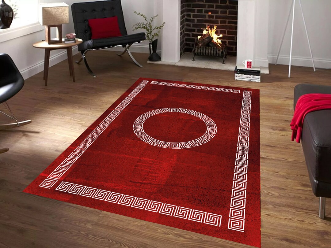 Modern Living Room Red Area Rug, White Motif on Red Living Room Rug ...