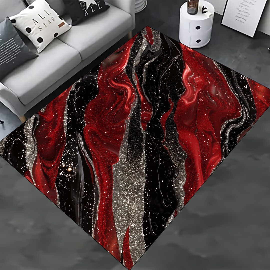 Red Black and Silver Marble Rug, Red and Black Marble Rug, Marble ...