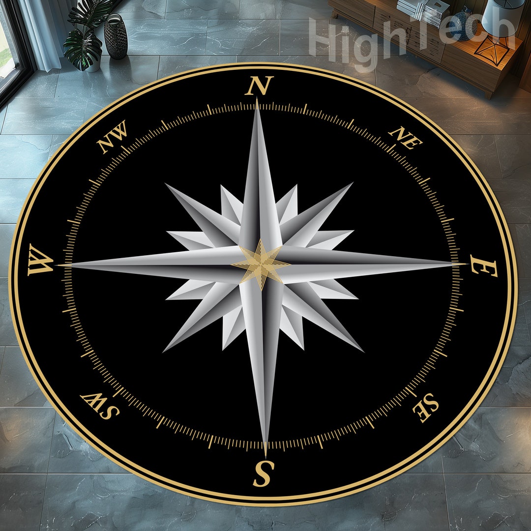 Compass Rug, Modern Compass Rug, Compass Round Rug, Gold Black and Gray ...